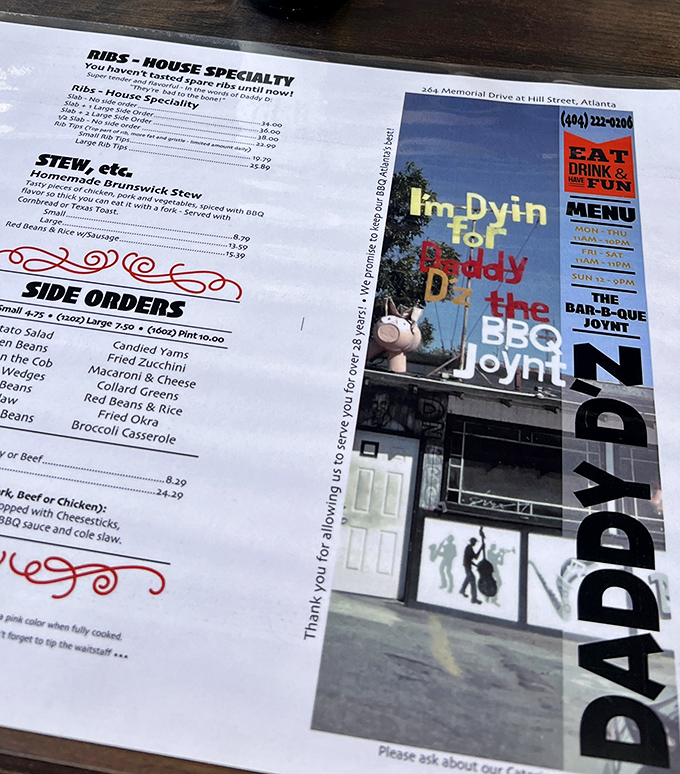 A menu that doesn't need fancy fonts or flowery descriptions—just the straightforward promise of barbecue excellence that keeps Atlantans coming back.