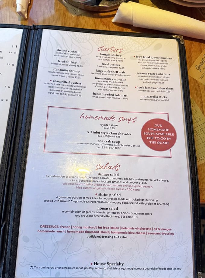 A menu that reads like coastal poetry &ndash; she-crab soup, dynamite shrimp, and homemade crab cakes that have launched a thousand return trips.