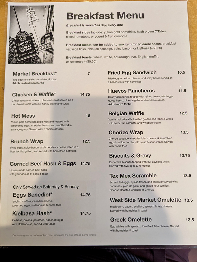 This menu isn't just a list of dishes&mdash;it's a roadmap to breakfast bliss. The "Hot Mess" lives up to its delicious name!