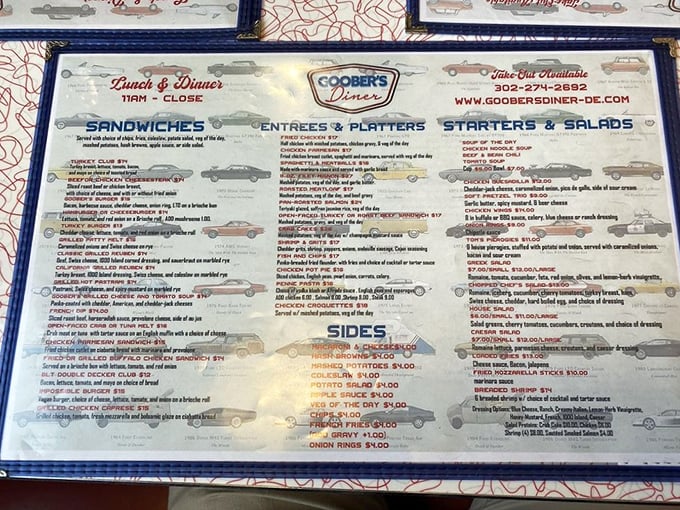 The menu at Goobers reads like a love letter to American comfort food classics, with vintage car illustrations adding retro charm.