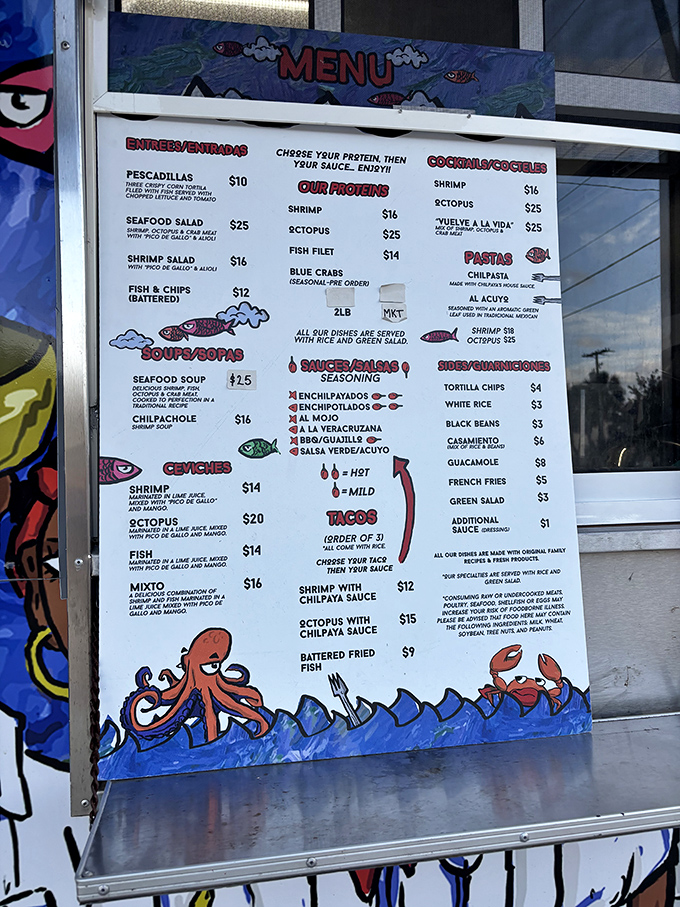 A menu that reads like a love letter to Mexican seafood—each item promising authentic coastal flavors that will transport you south of the border.