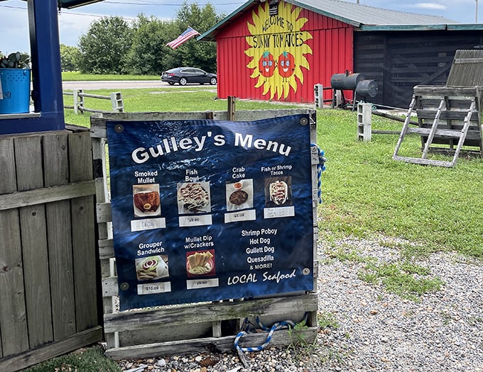 A menu board that reads like a love letter to the Gulf. Each photo promises seafood so fresh you'll want to check it for a pulse.
