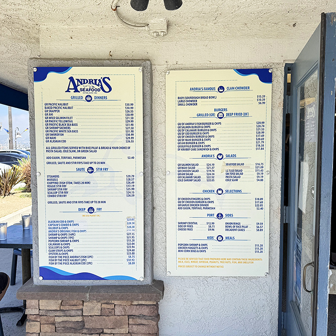 The menu board reads like a love letter to Pacific seafood lovers everywhere.