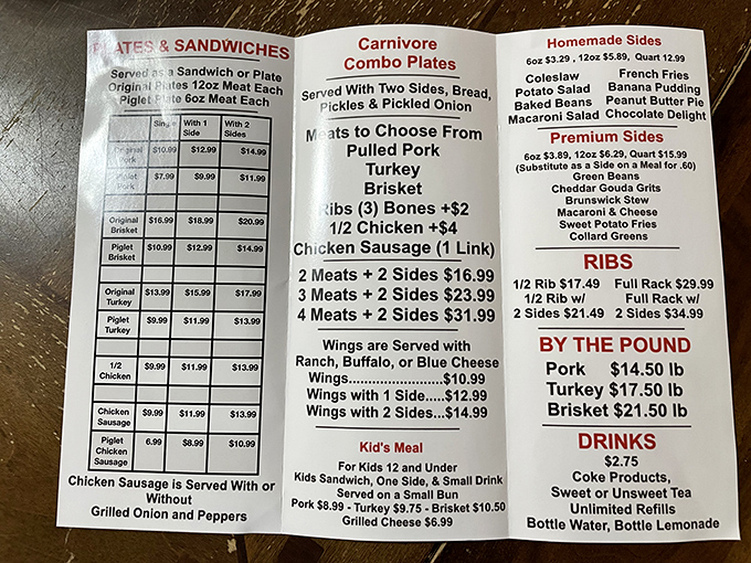 A menu that reads like barbecue poetry. No fancy descriptions needed when the meat speaks for itself.