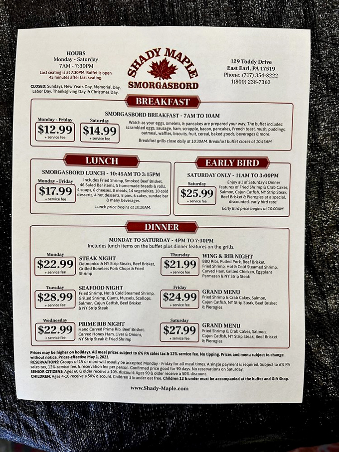 One glance at this menu and you'll understand why people drive hours just to experience these legendary buffets.