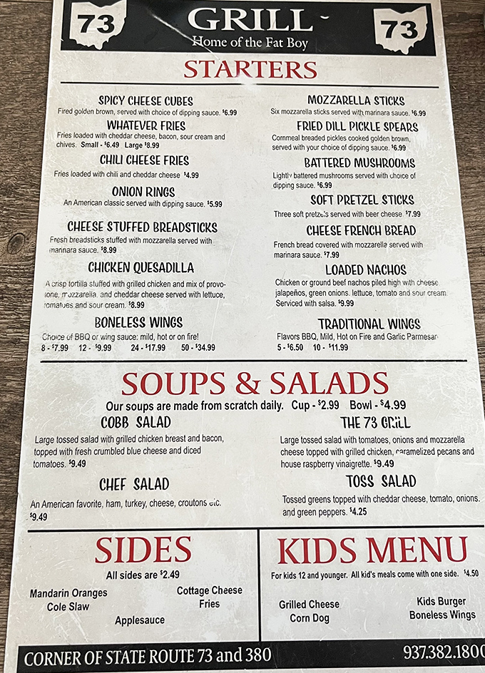 The "Home of the Fat Boy" menu reads like a love letter to comfort food done right.