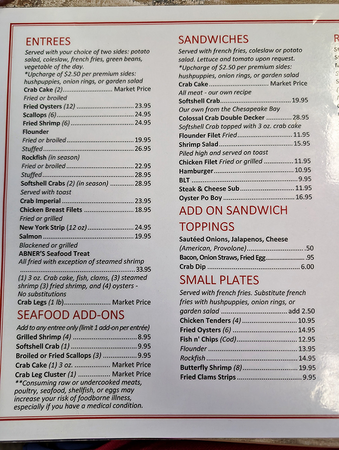 This menu isn't just a list&mdash;it's a treasure map where X marks the spot for Chesapeake Bay's finest offerings.