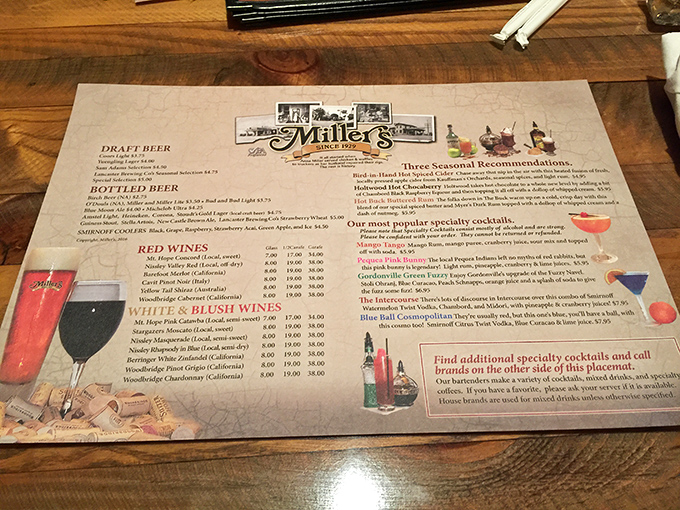 The drink menu promises liquid happiness to accompany your feast of Pennsylvania Dutch deliciousness.