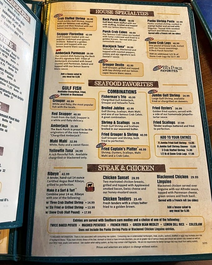 The menu reads like a love letter to the Gulf &ndash; Amberjack, Grouper Destin, and Porch Crab Cakes tempting even the most decisive diners.