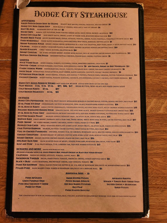 A menu that reads like a carnivore's love letter. Notice how your eyes immediately gravitate to those glorious steaks? That's your stomach's wisdom talking.