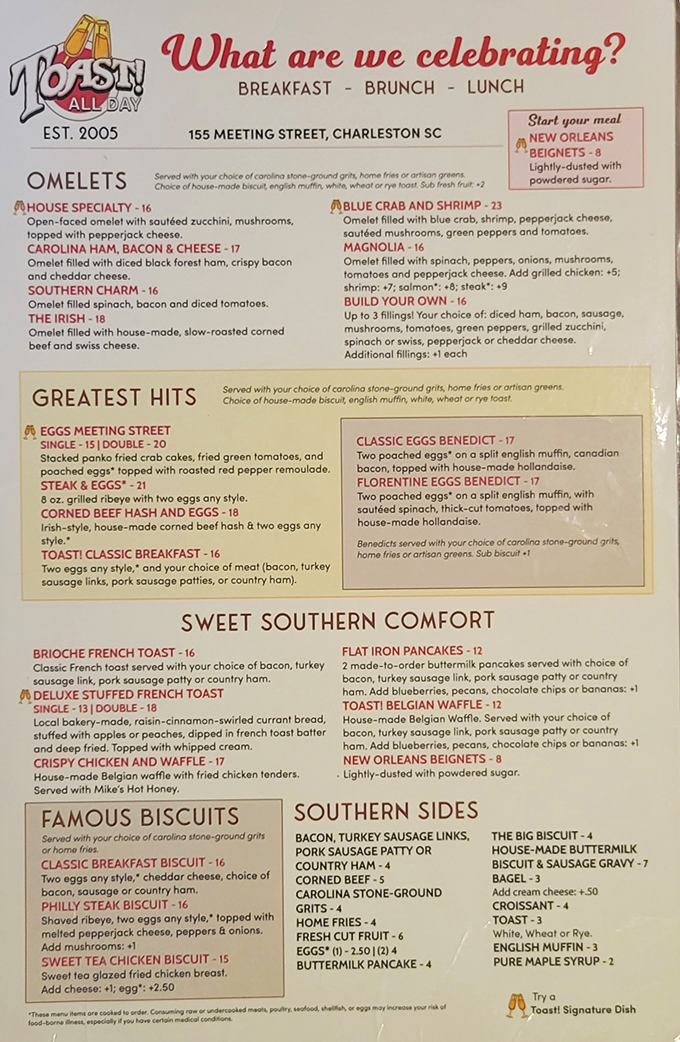 This menu reads like a love letter to Southern comfort, with French toast taking center stage as the star performer.