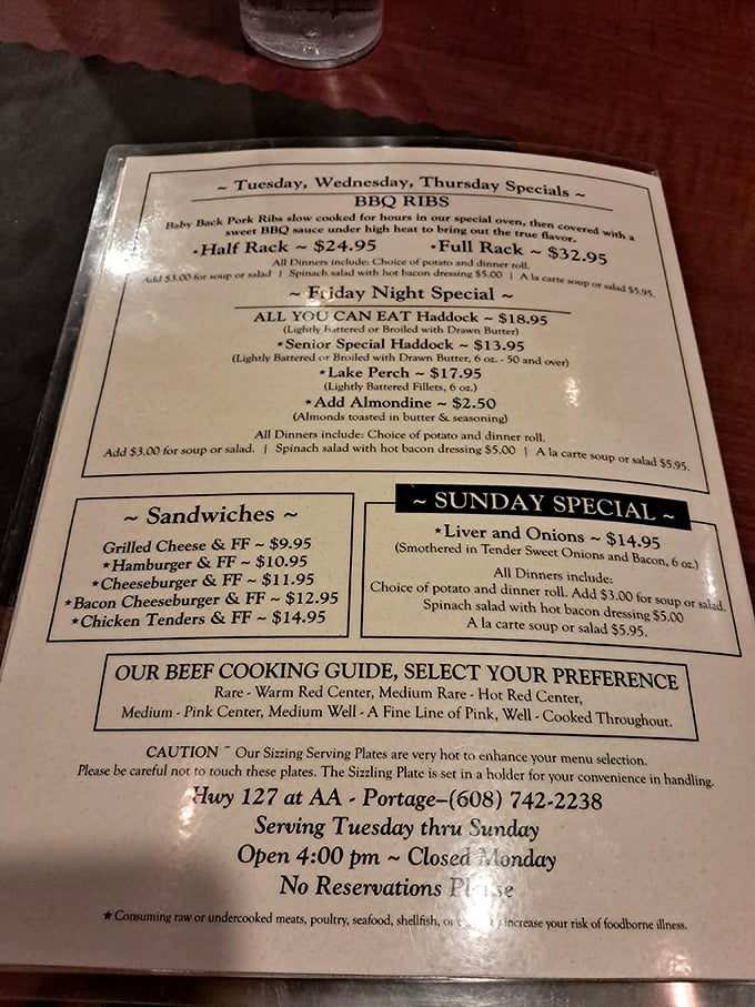 This menu isn't just a list of food—it's a roadmap to happiness. The beef cooking guide alone deserves its own frame in the Supper Club Hall of Fame.