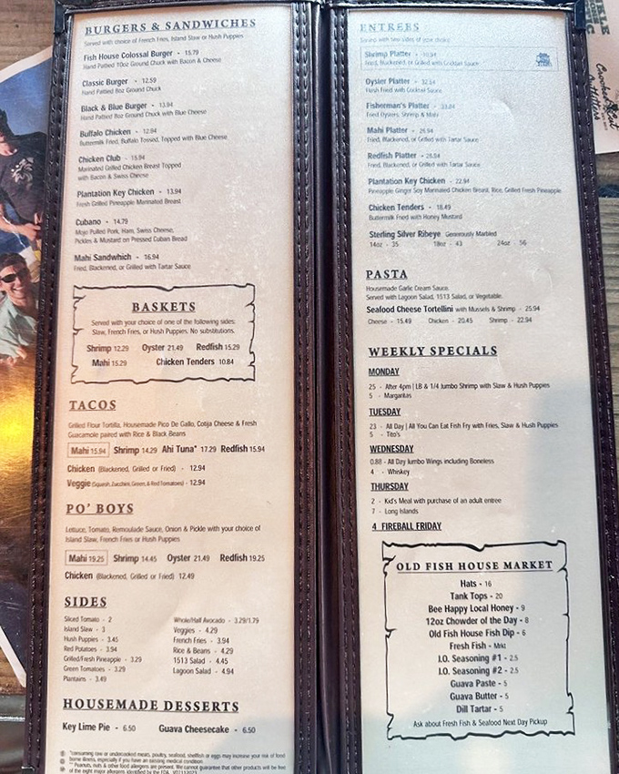 This isn't just a menu; it's a treasure map where X marks the spot for everything from Fisherman's Platters to homemade Key Lime Pie.