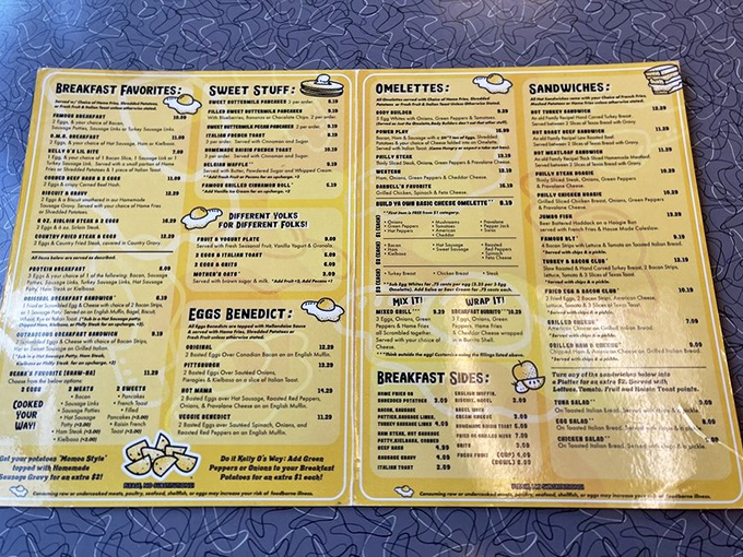 A menu that reads like a love letter to breakfast. No fancy QR codes here—just laminated pages of possibilities that have launched a thousand food comas.