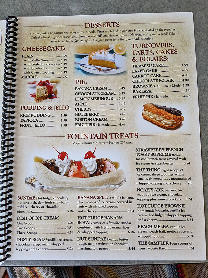 A dessert menu that would make your cardiologist wince but your inner child rejoice. That banana split is calling your name!