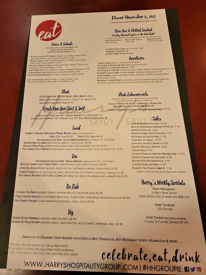 A menu that reads like a love letter to carnivores, with enough seafood options to keep coastal Delaware's fishing heritage proudly represented.