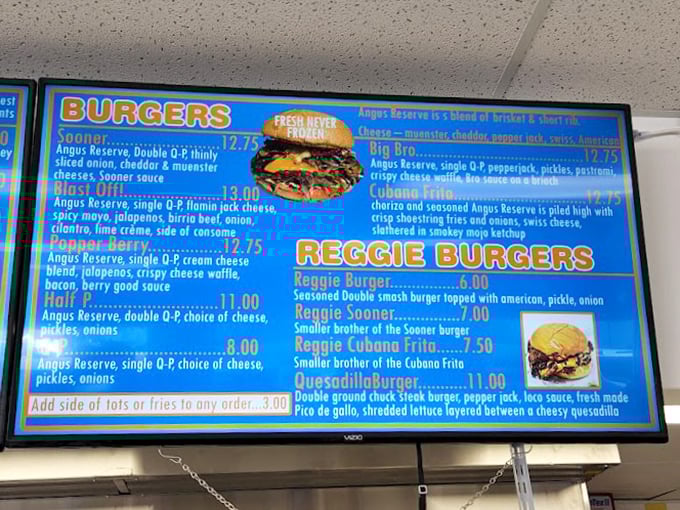 The menu board tells the whole story&mdash;these aren't your average fast-food burgers. Each option promises a different path to happiness.