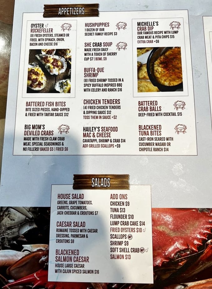 This menu isn't just a list&mdash;it's a treasure map. "Michelle's Crab Dip" and "She Crab Soup" aren't just dishes; they're local legends.