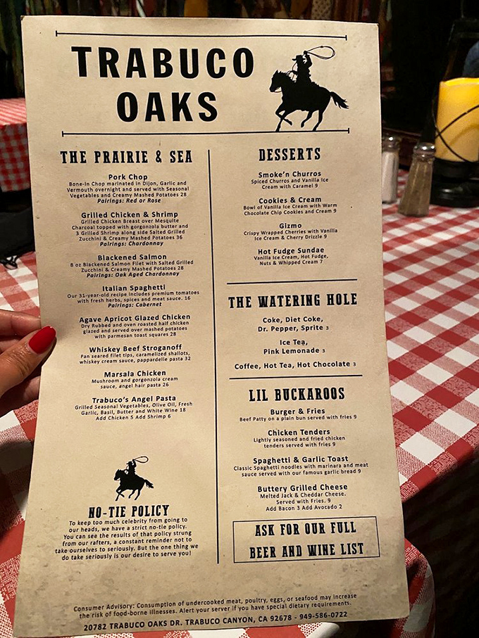 This isn't a menu—it's a declaration of independence from pretentious dining. Note the "No Tie" policy, where neckwear goes to die.