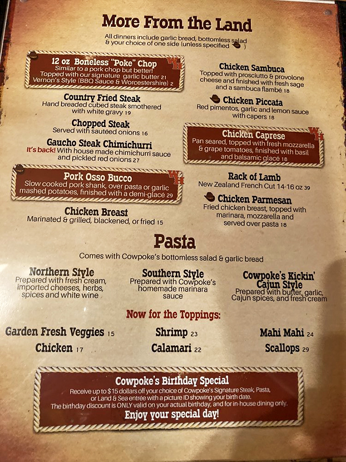 Menu magic that makes decisions delightfully difficult. The "More From the Land" section reads like a love letter to carnivores everywhere. 