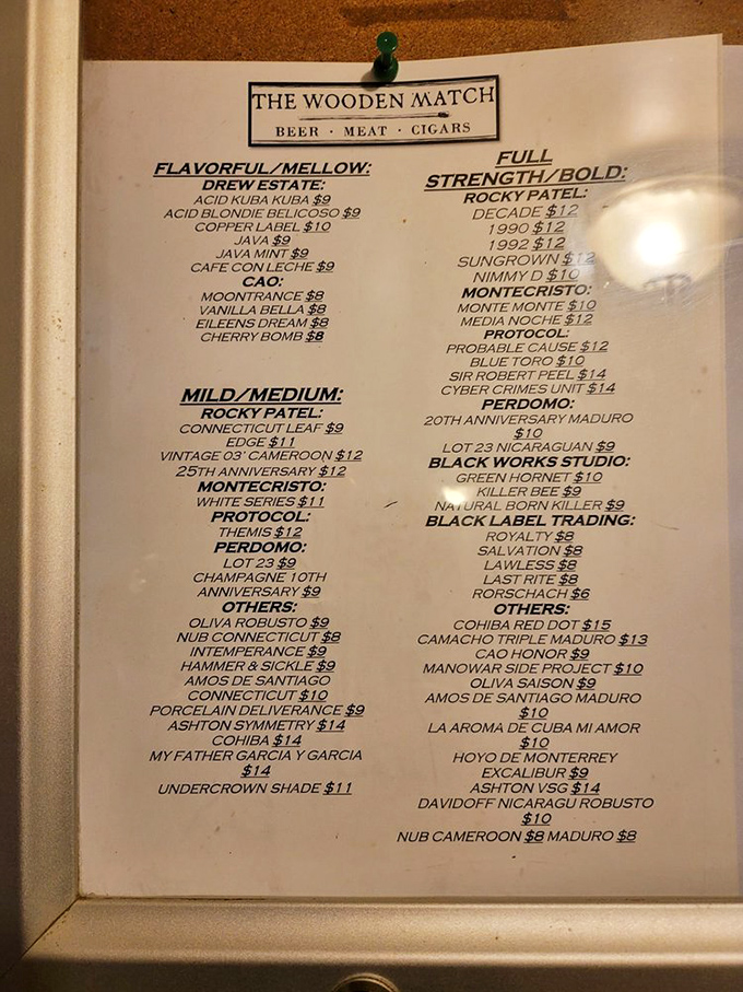 Not just cigars, but an education in flavor. The Wooden Match's cigar menu reads like poetry for tobacco enthusiasts.