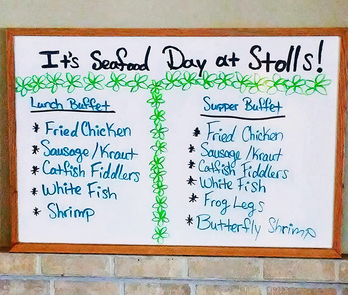 Seafood day at Stoll's is like Christmas morning for your taste buds. Catfish fiddlers and frog legs? Sign me up!
