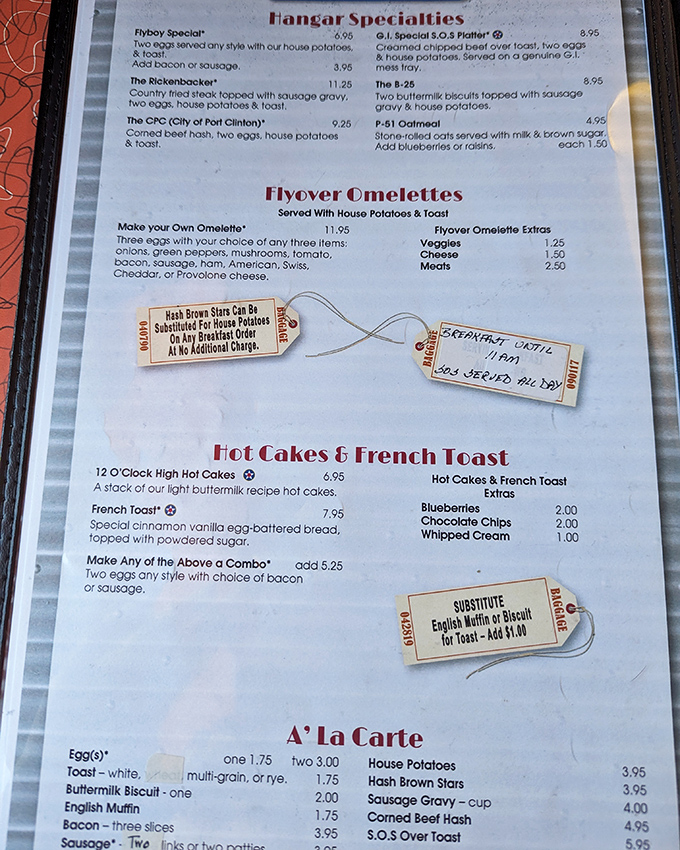 "Flyover Omelettes" and "Hangar Specialties" &ndash; this isn't just a menu, it's an aviation-themed journey for your taste buds.