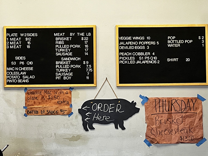 A menu board that cuts right to the chase. No fancy descriptions or culinary buzzwords&mdash;just the promise of smoked meat excellence.