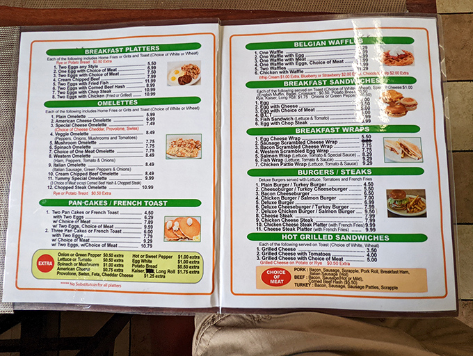 This menu reads like a breakfast lover's fantasy novel. Each section promises a different adventure, with Belgian waffles as the undisputed hero.