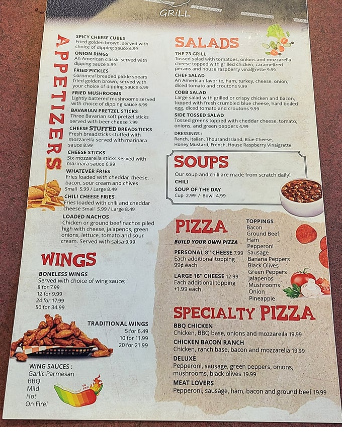 This menu reads like a love letter to American comfort food&mdash;from "Whatever Fries" to wings that range from mild to "On Fire!"