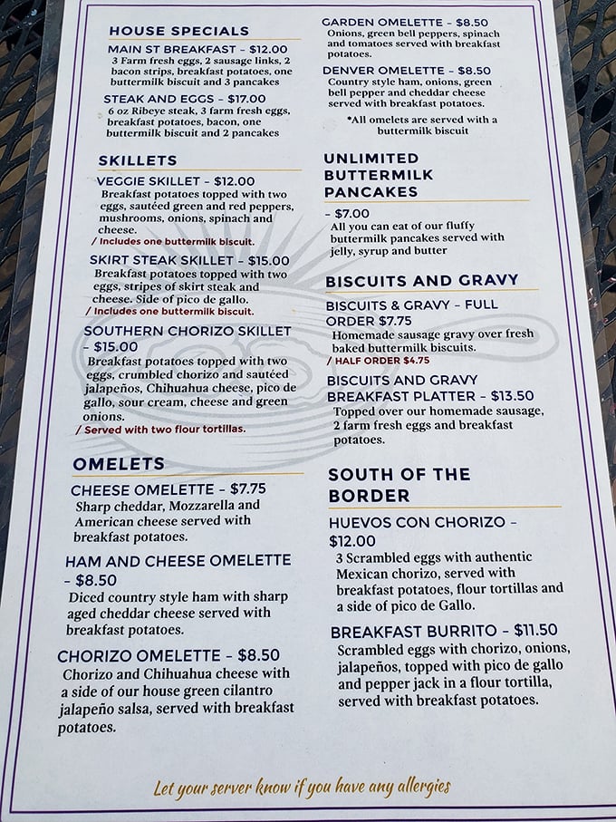 This breakfast menu isn't messing around. From unlimited pancakes to chorizo skillets, it's the kind of morning fuel that makes hitting the snooze button a cardinal sin.