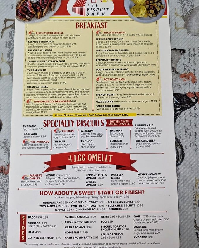 A menu that reads like a love letter to Southern breakfast traditions. Decision paralysis has never been so deliciously justified.