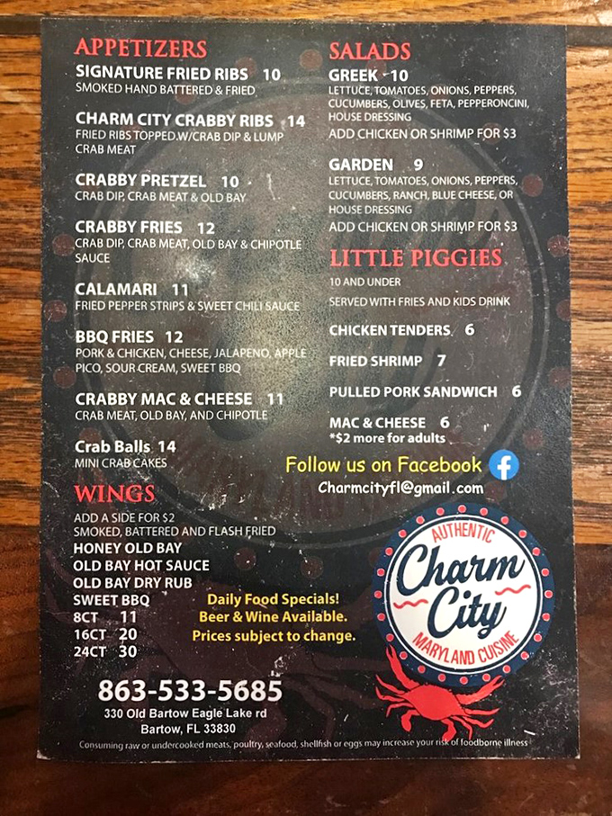 This menu reads like a love letter to Maryland-Florida fusion&mdash;where Old Bay meets Gulf freshness in dishes that'll have you plotting your next visit.