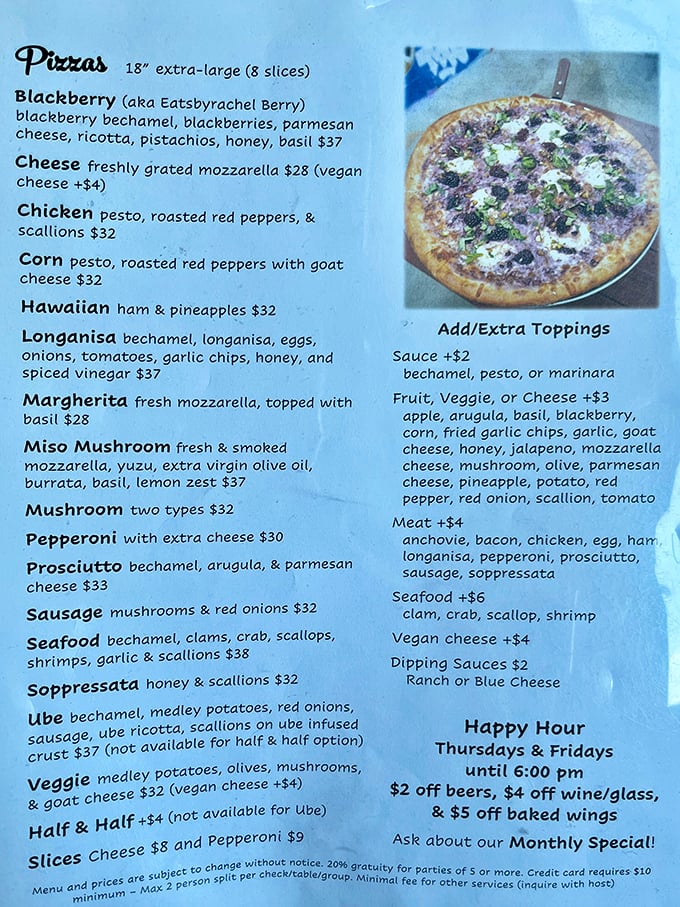 This menu reads like a love letter to pizza innovation. The Blackberry pizza with pistachios and honey? That's not rebellion&mdash;that's delicious revolution.
