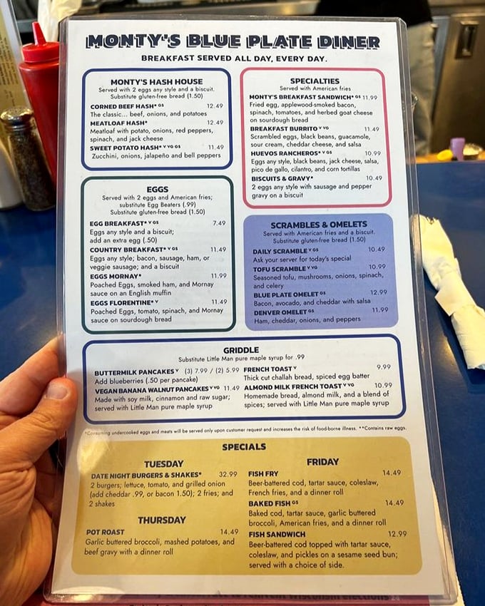 A menu that reads like a love letter to American comfort food. Breakfast all day is civilization's greatest achievement since indoor plumbing.