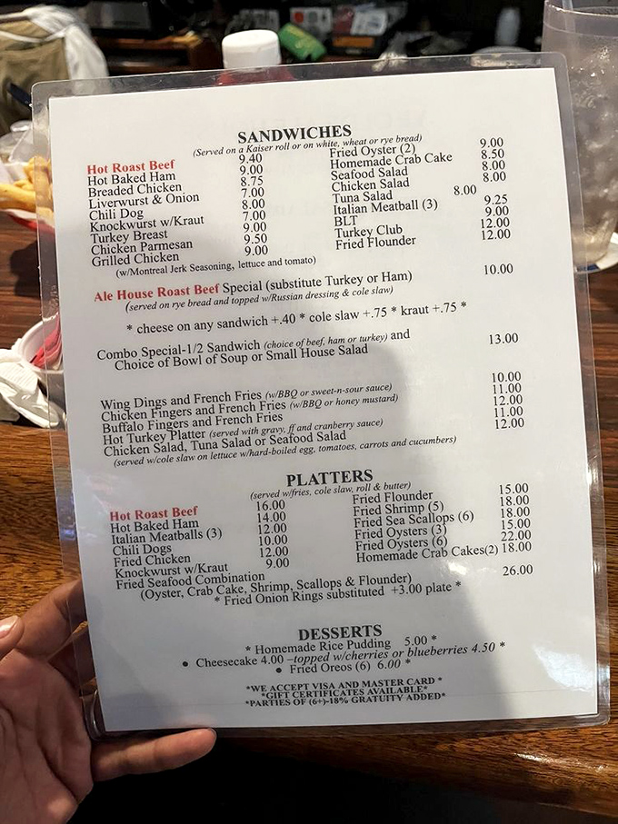 This menu isn't trying to impress food critics—it's aiming straight for your heart. Hot roast beef and homemade crab cakes speak a universal language of satisfaction.