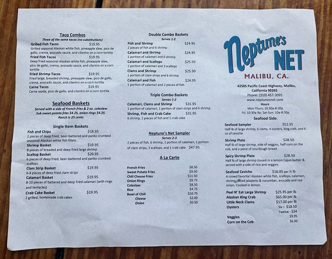 This menu isn't just a list&mdash;it's a maritime treasure map. From fish tacos to seafood samplers, Neptune's Net promises oceanic delights for every palate.