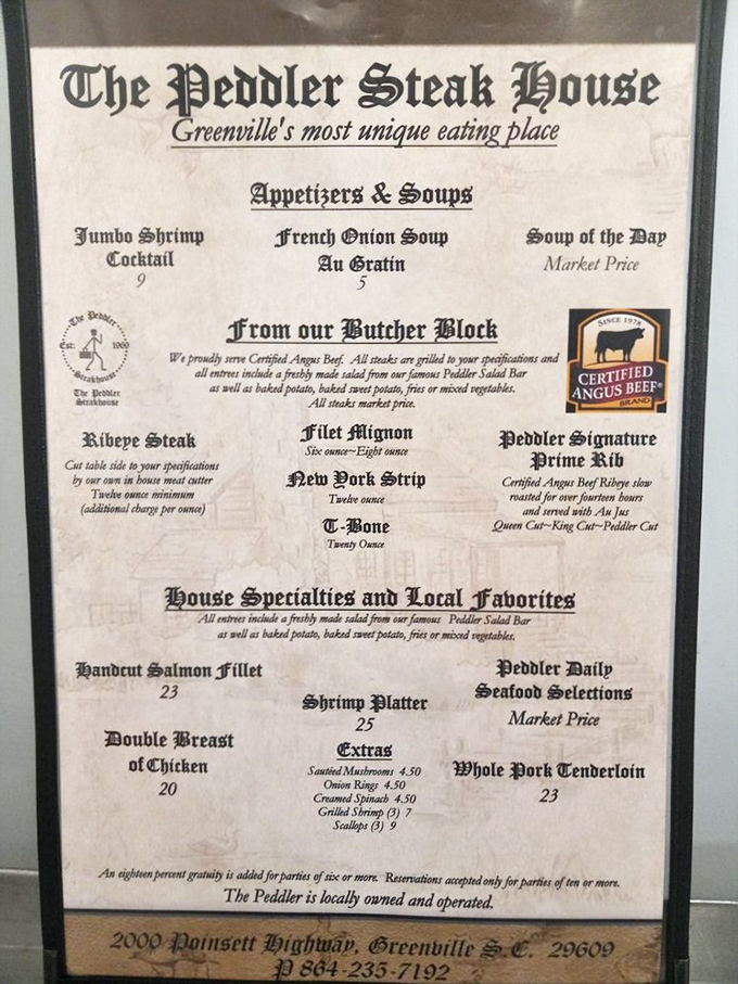 The menu reads like a love letter to carnivores. Notice the French Onion Soup prominently featured&mdash;this isn't just clever marketing, folks.