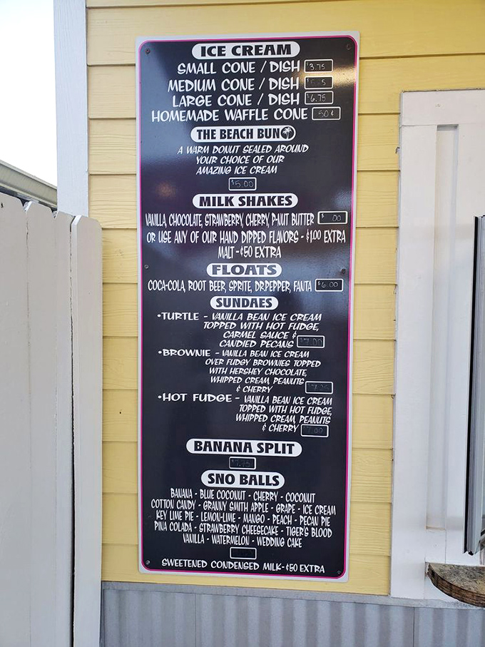 The menu board reads like a dessert lover's bucket list, with the Beach Bun—a warm donut sealed around ice cream—stealing the spotlight.