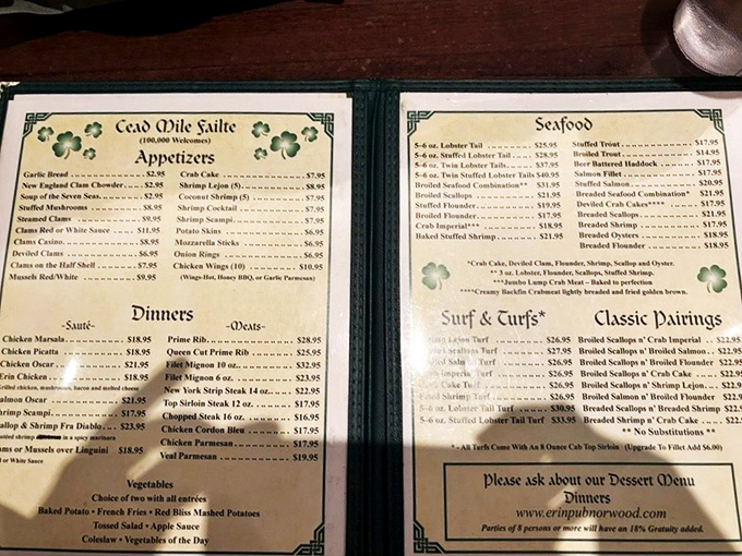 This menu reads like a love letter to hearty American dining, featuring everything from prime rib to seafood classics.