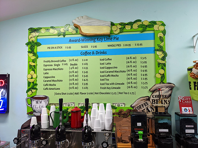 Decisions, decisions! The menu wall showcases their award-winning offerings, from classic pies to creative key lime concoctions that'll make your mouth water.