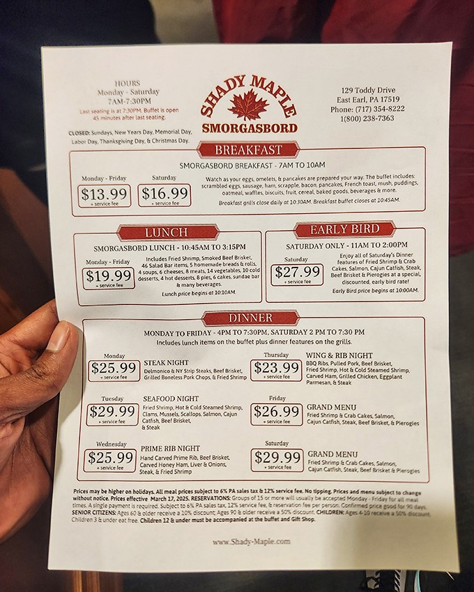 The menu board reveals the sacred schedule of feasting opportunities, with each day offering its own special culinary pilgrimage.