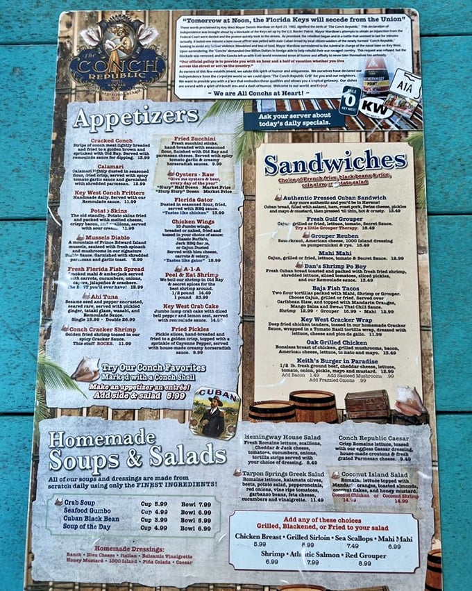 This menu reads like a love letter to Florida, written in the language of fried seafood and cold beer.