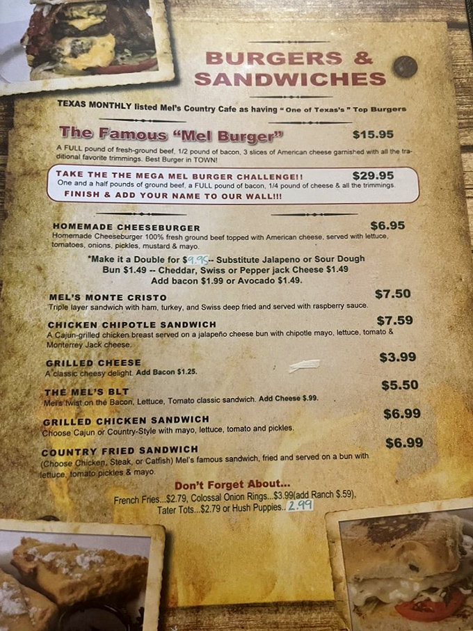 A menu that tells you everything you need to know about life's priorities: burgers, sandwiches, and the promise of homestyle goodness that no app can deliver.