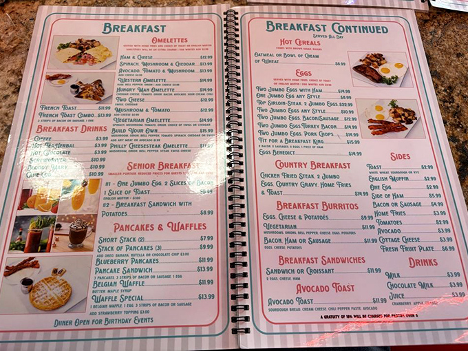 This spiral-bound menu isn't just food options&mdash;it's a historical document. Breakfast all day might be humanity's greatest achievement since indoor plumbing.