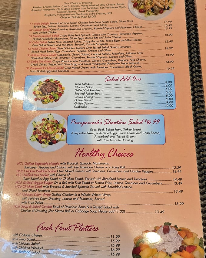 The menu reads like a love letter to Jewish deli classics. Each salad description is practically a short story with a delicious ending.