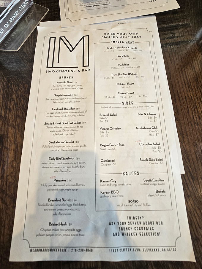 The brunch menu reveals hidden treasures beyond barbecue, including that legendary cornbread waiting to steal the show.