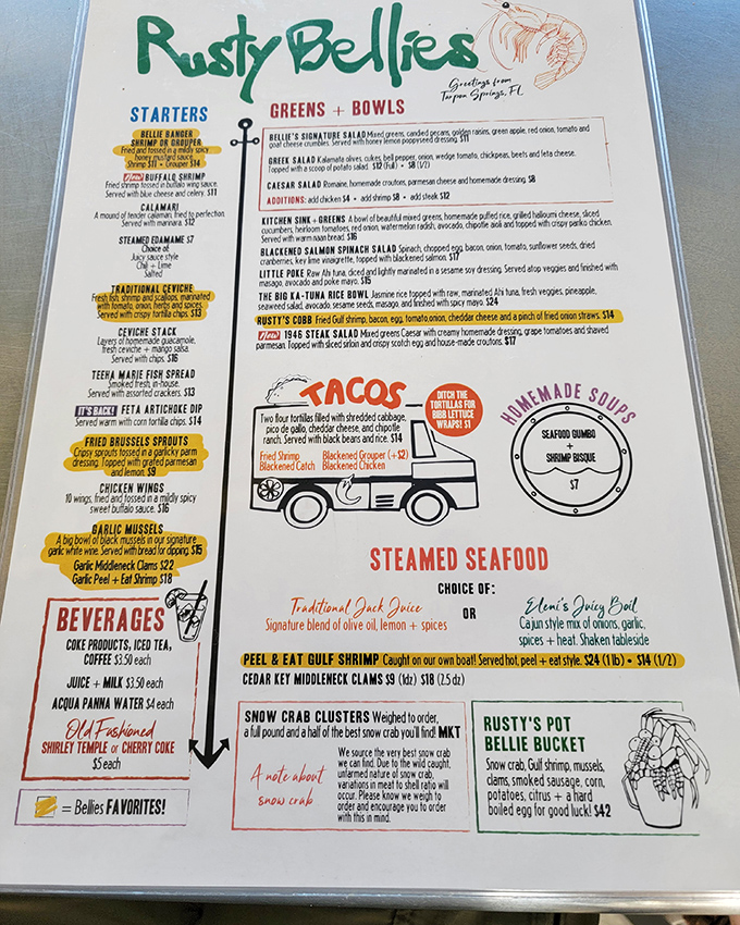 This menu isn't just a list&mdash;it's a treasure map to seafood paradise, with "Bellie's Favorites" marking the spots where X marks delicious.