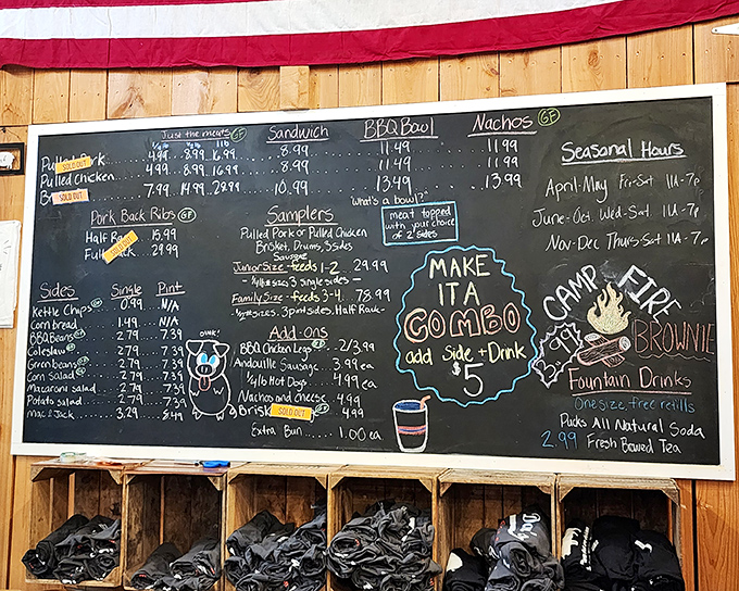 That chalkboard menu reads like a love letter to smoked meat enthusiasts everywhere.