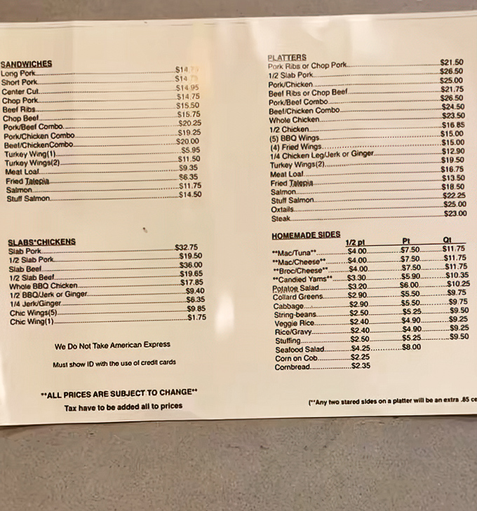 A menu that reads like a love letter to Southern cuisine. Notice the "Stuff Salmon" hiding among barbecue royalty &ndash; the unexpected star of the show.